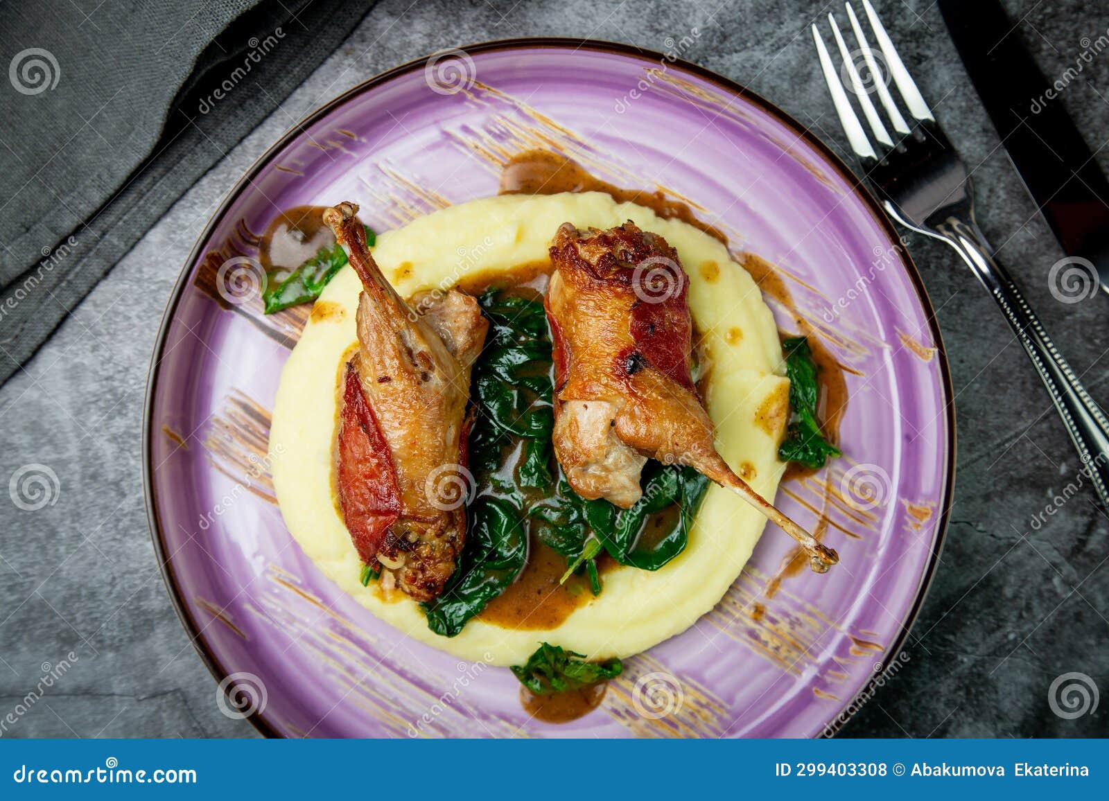 Baked Chicken Wings with Gravy, Spinach and Mashed Potatoes Top View ...