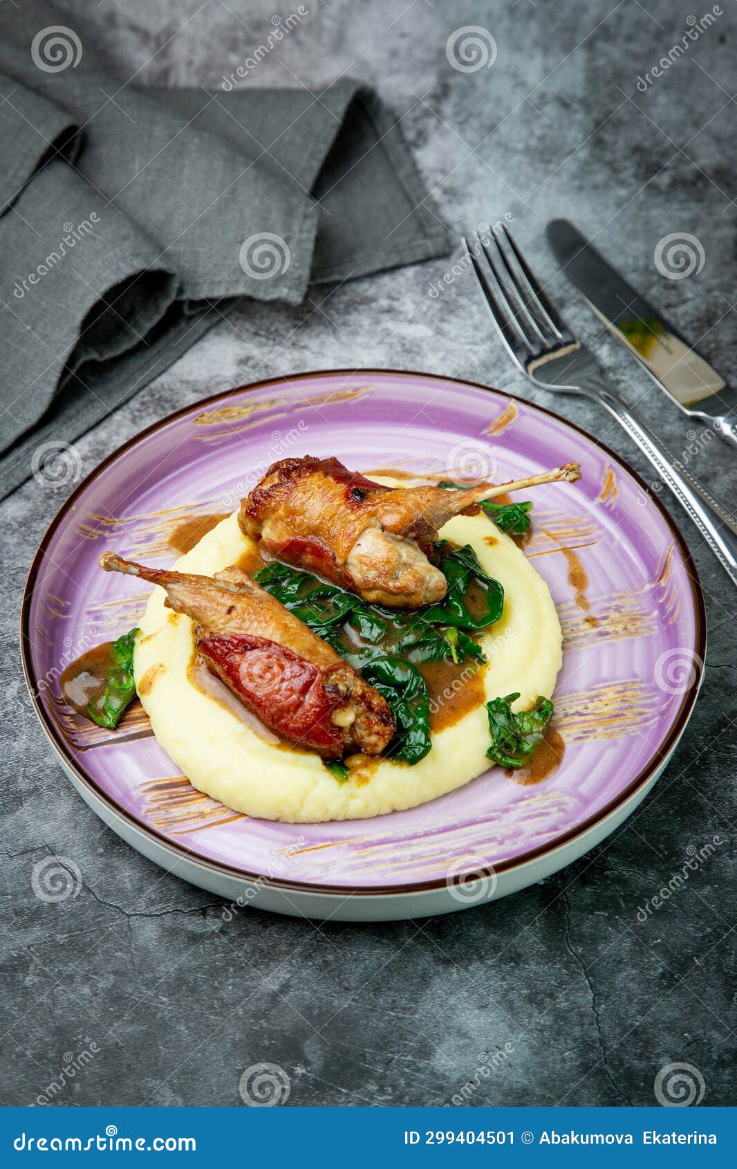 Baked Chicken Wings with Gravy, Spinach and Mashed Potatoes Top View ...