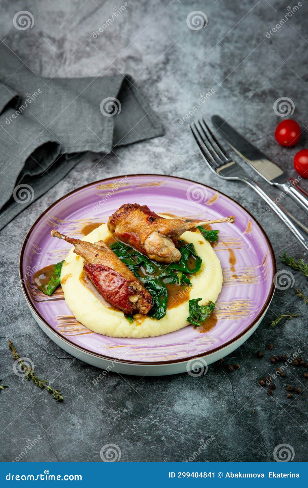 Baked Chicken Wings with Gravy, Spinach and Mashed Potatoes Top View ...