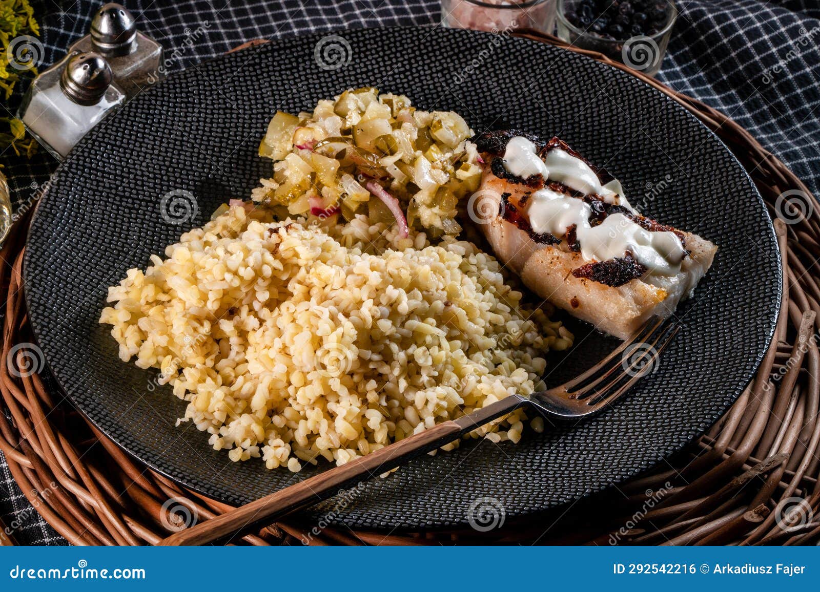 Roasted Cod Fish with Bulgur Stock Photo - Image of cuisine, cucumber ...