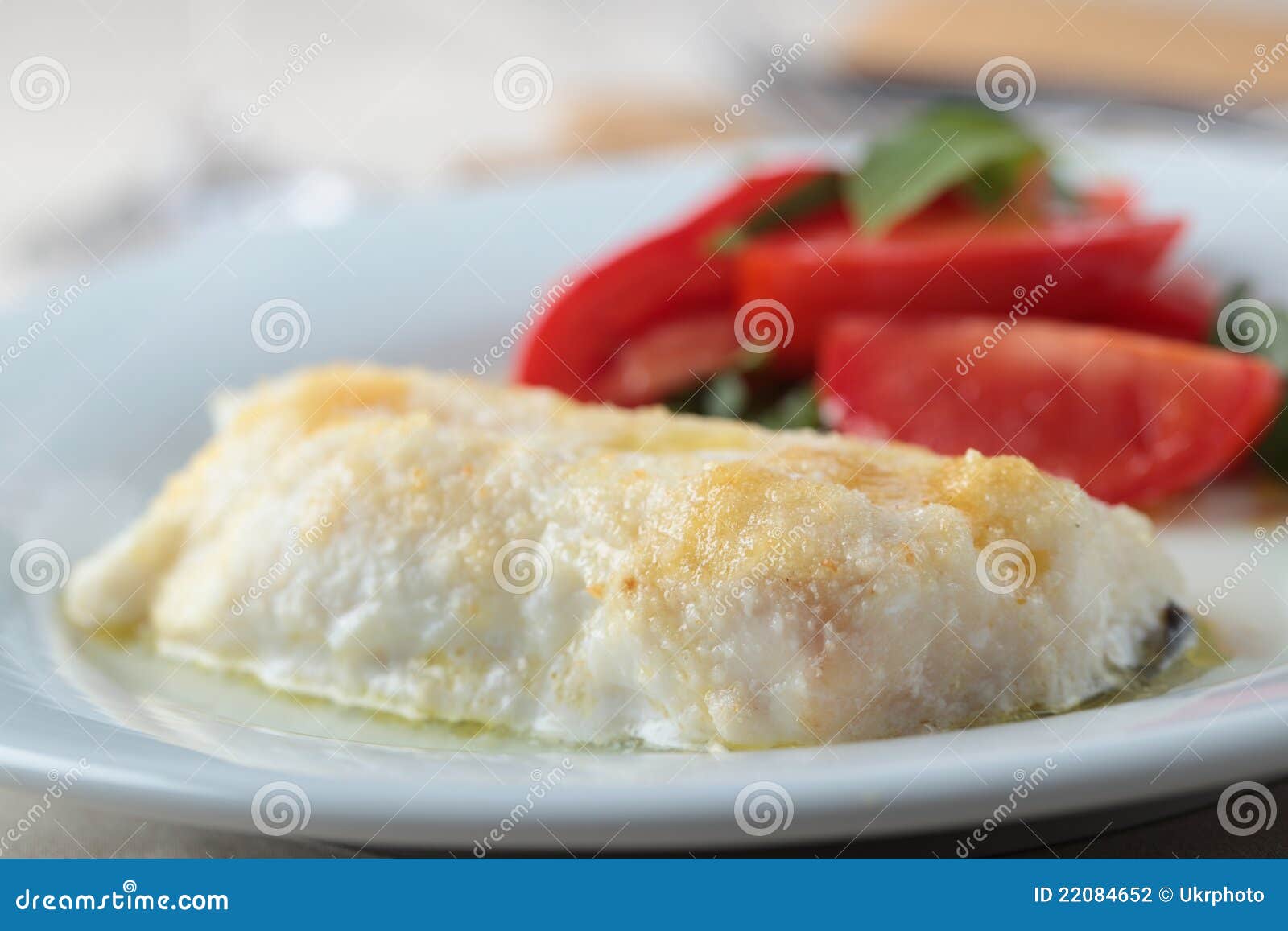 Baked Cod Fillet with Salad Stock Photo - Image of tomato, closeup ...
