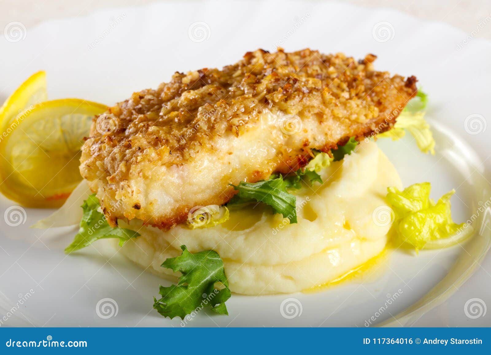 Cod Fish with Mashed Potato Stock Photo - Image of white, roasted ...