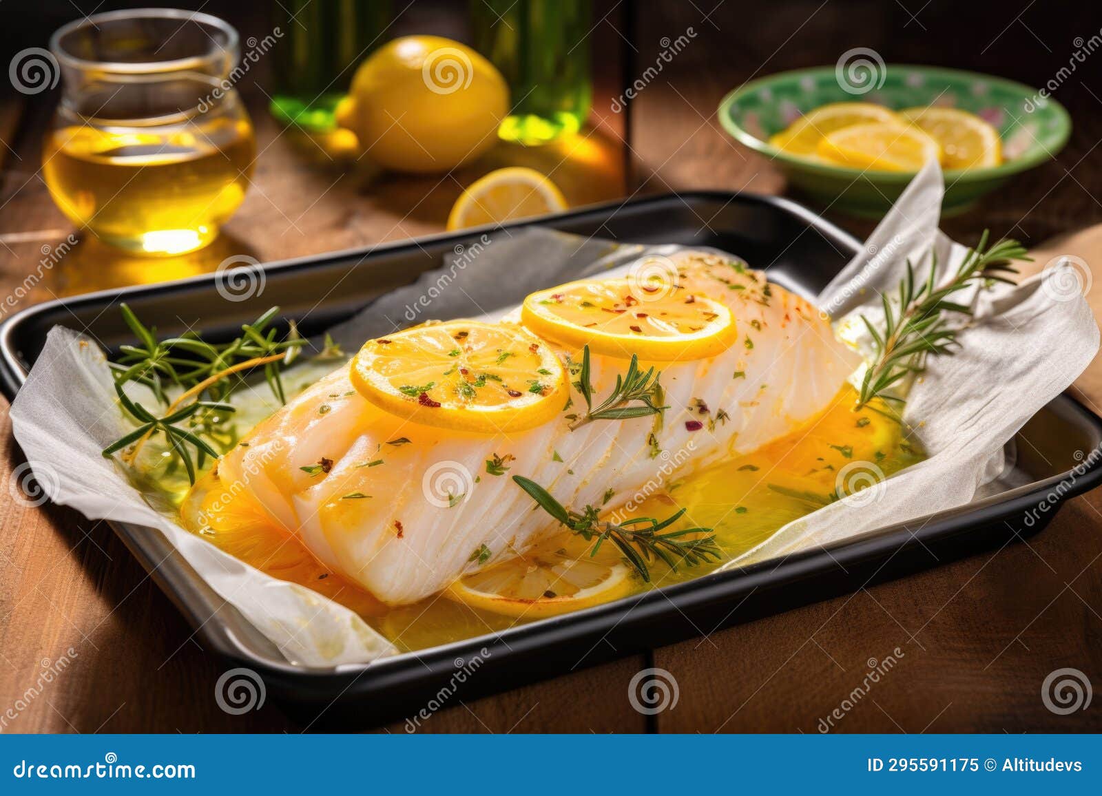 Baked Cod with Lemon and Cutlery, Ready To Eat Stock Image - Image of ...