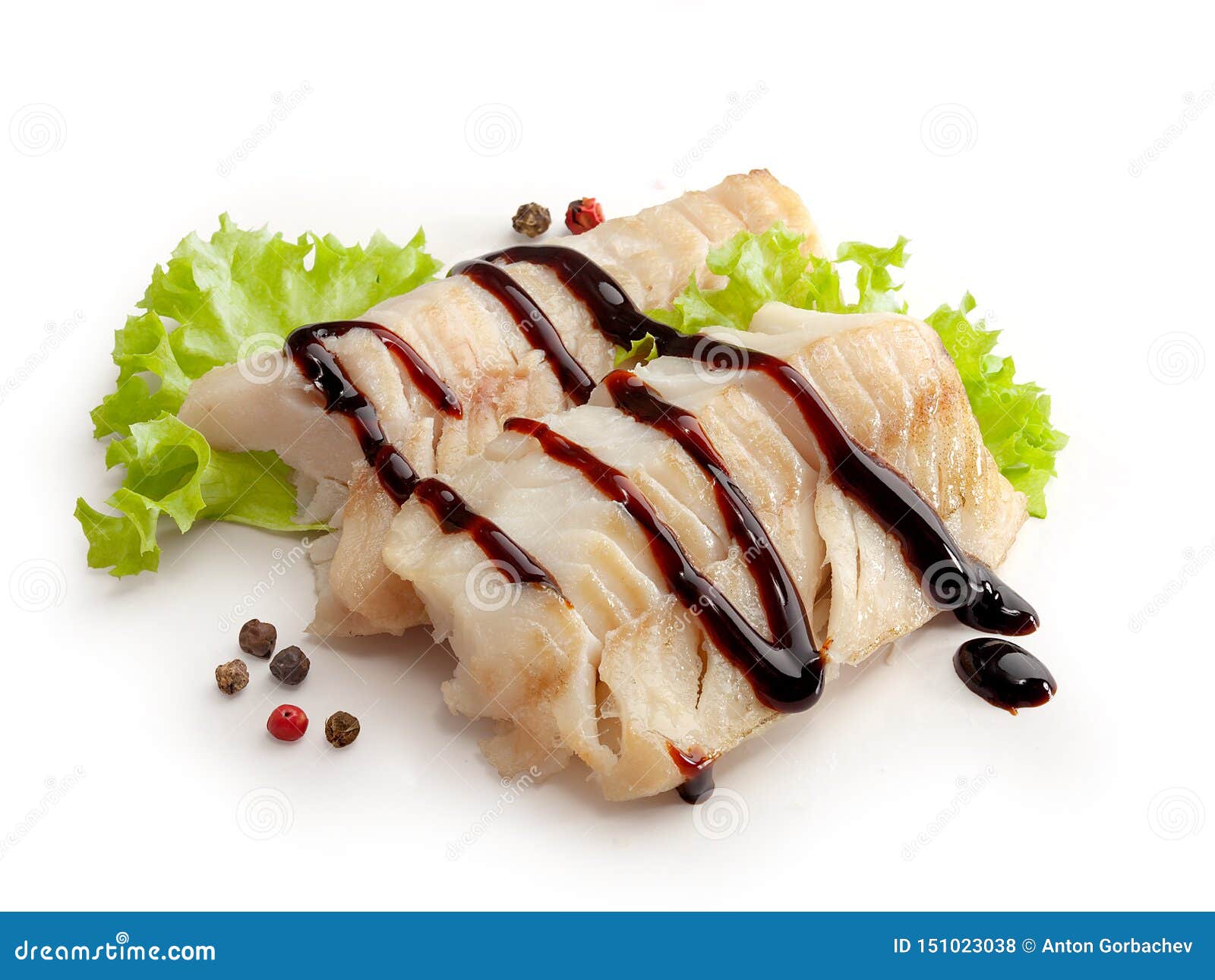 Baked Cod Loin with Lettuce and Sauce Stock Photo - Image of high ...