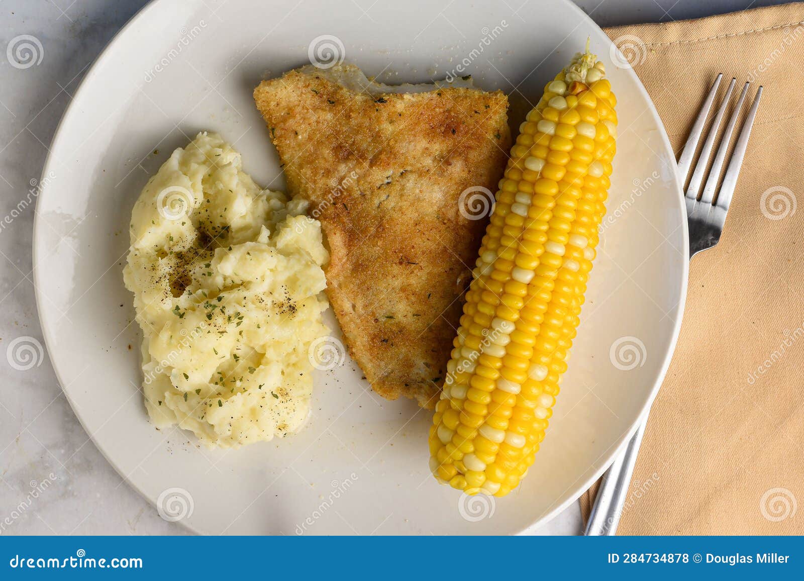 Baked Cod with Mashed Potatoes and Corn Stock Photo - Image of maize ...