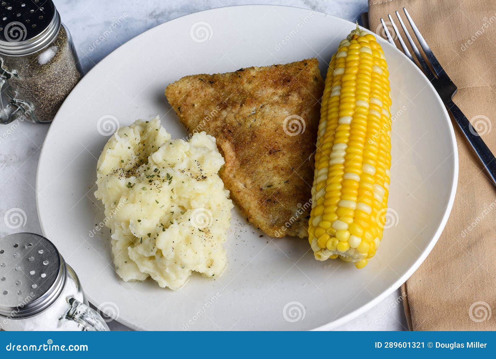 Baked Cod with Mashed Potatoes and Corn Stock Image - Image of sugar ...