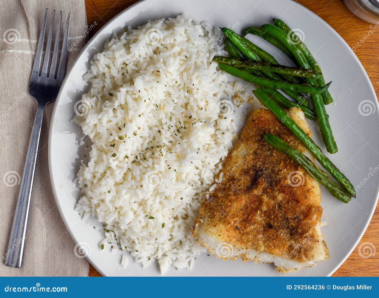 Baked Cod with Rice and Green Beans Stock Photo - Image of vegetables ...