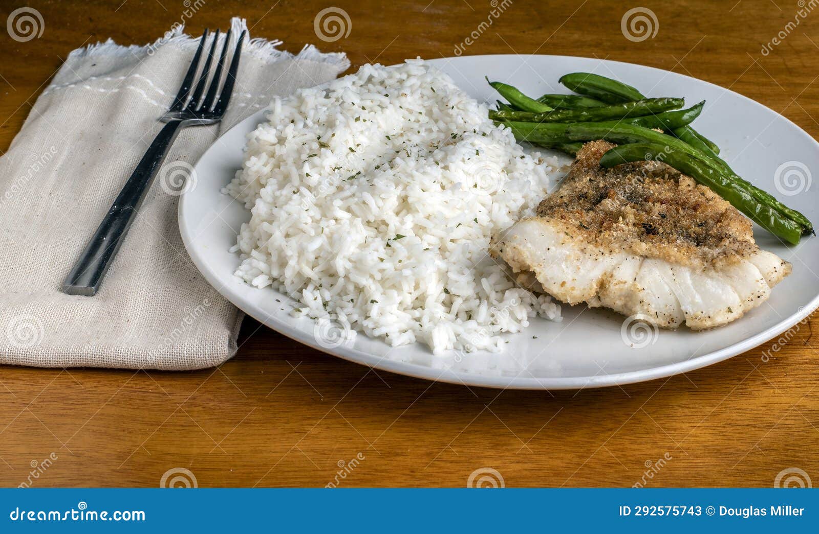 Baked Cod with Sauteed Green Beans and Rice Stock Image - Image of ...