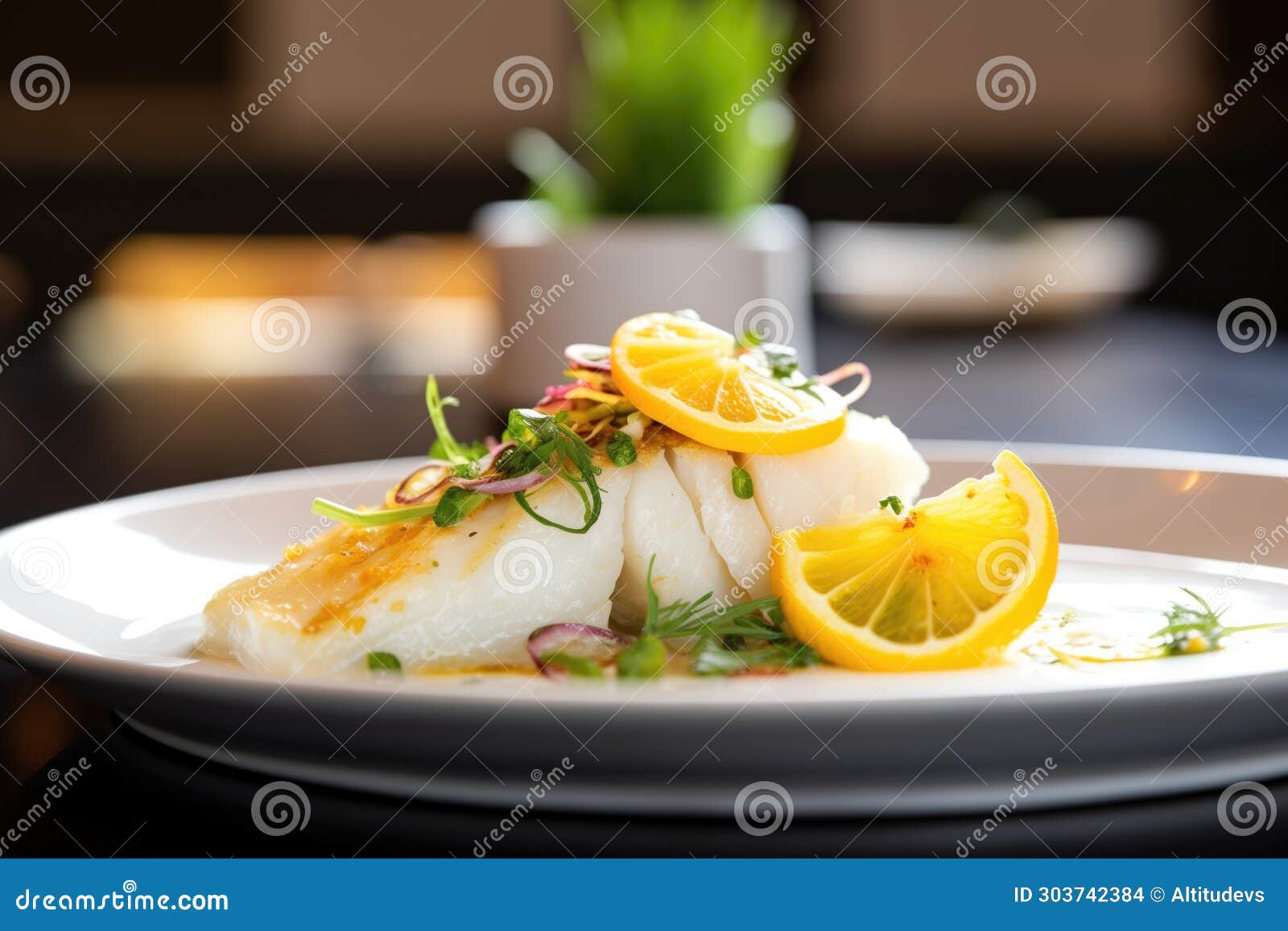 Baked Cod Side View with Lemon Wedge Garnish Stock Photo - Image of ...