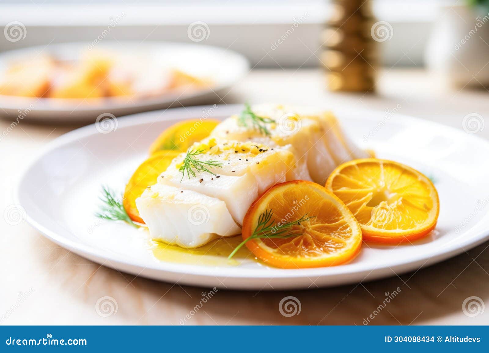 Baked Cod Side View with Lemon Wedge Garnish Stock Photo - Image of ...