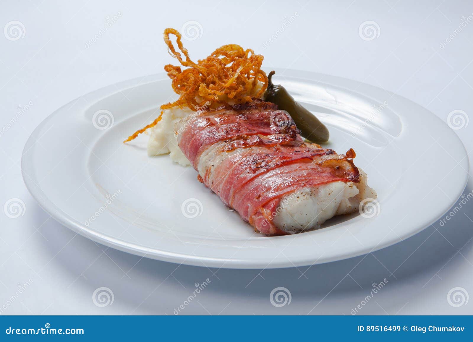 Baked Cod Wrapped in Bacon and Mashed Poatoes Stock Image - Image of ...