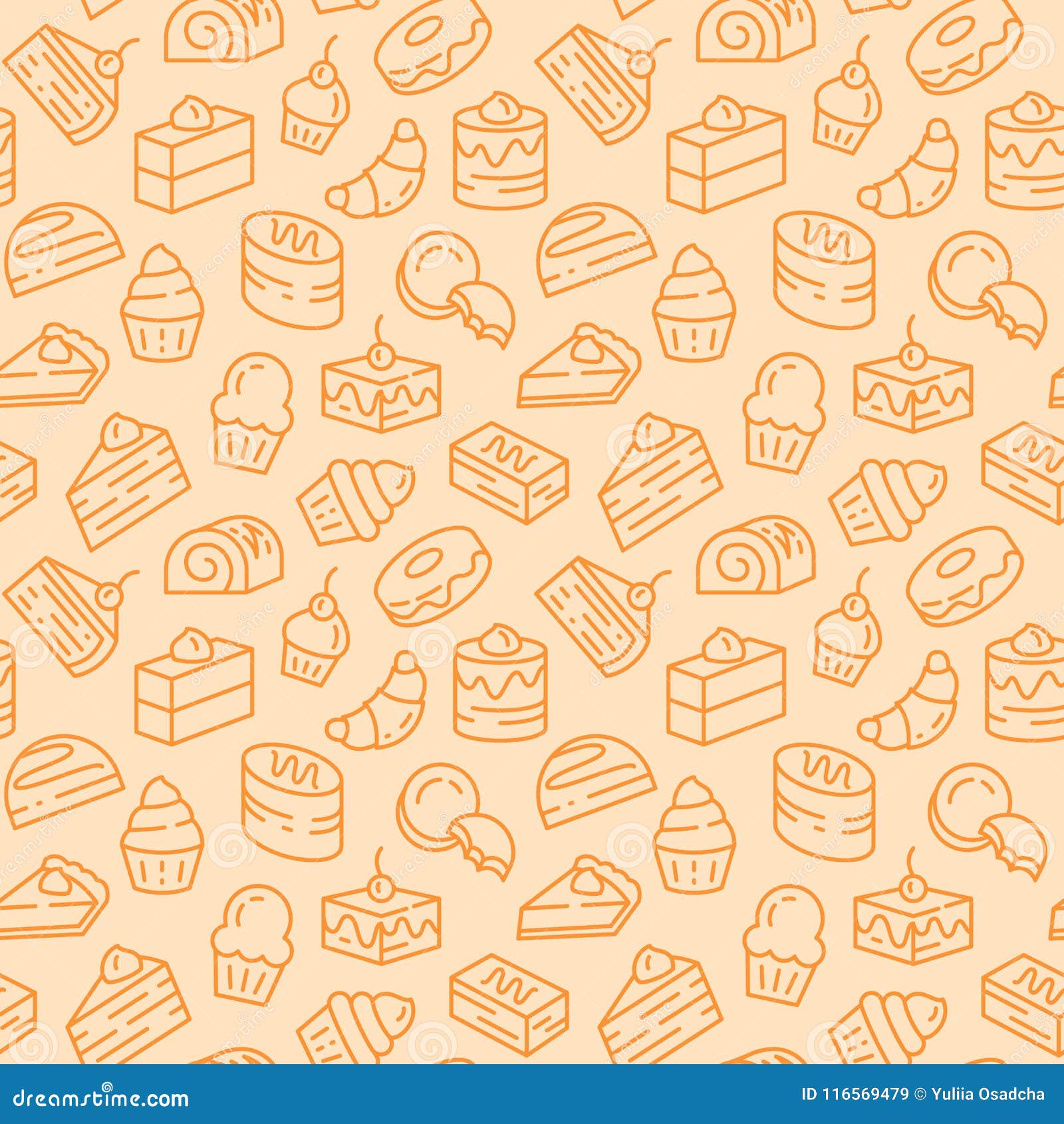 Baked Desserts Related Seamless Pattern with Cakes, Biscuits and Pie in ...