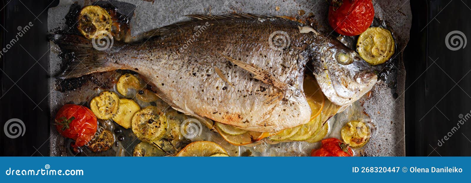 Baked Dorado Fish with Vegetables on Baking Sheet Stock Image - Image ...