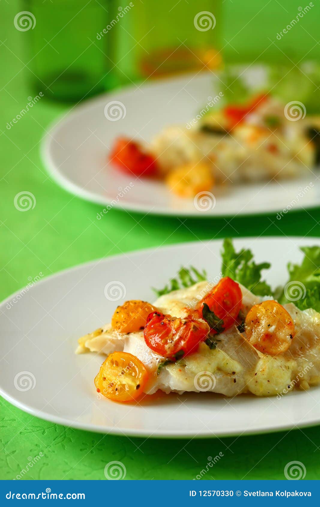 Baked Fish Fillet with Tomato Stock Photo - Image of green, plate: 12570330