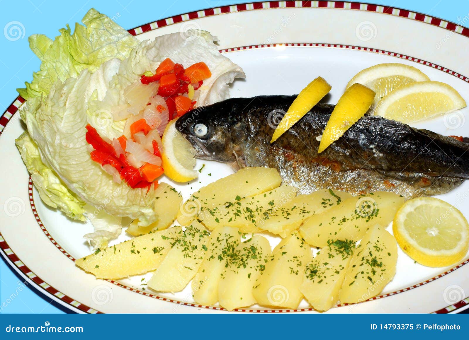Baked fish on a plate. stock image. Image of trout, lunch - 14793375