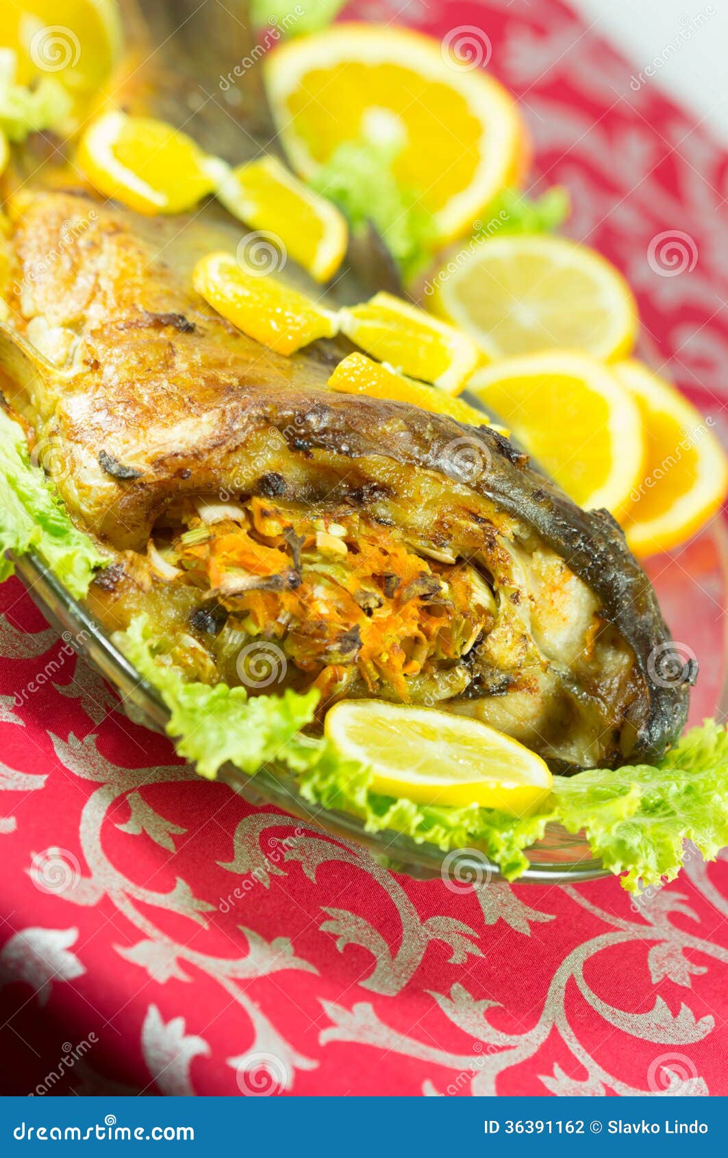 Baked Fish Stuffed with Vegetables Stock Photo - Image of balanced ...