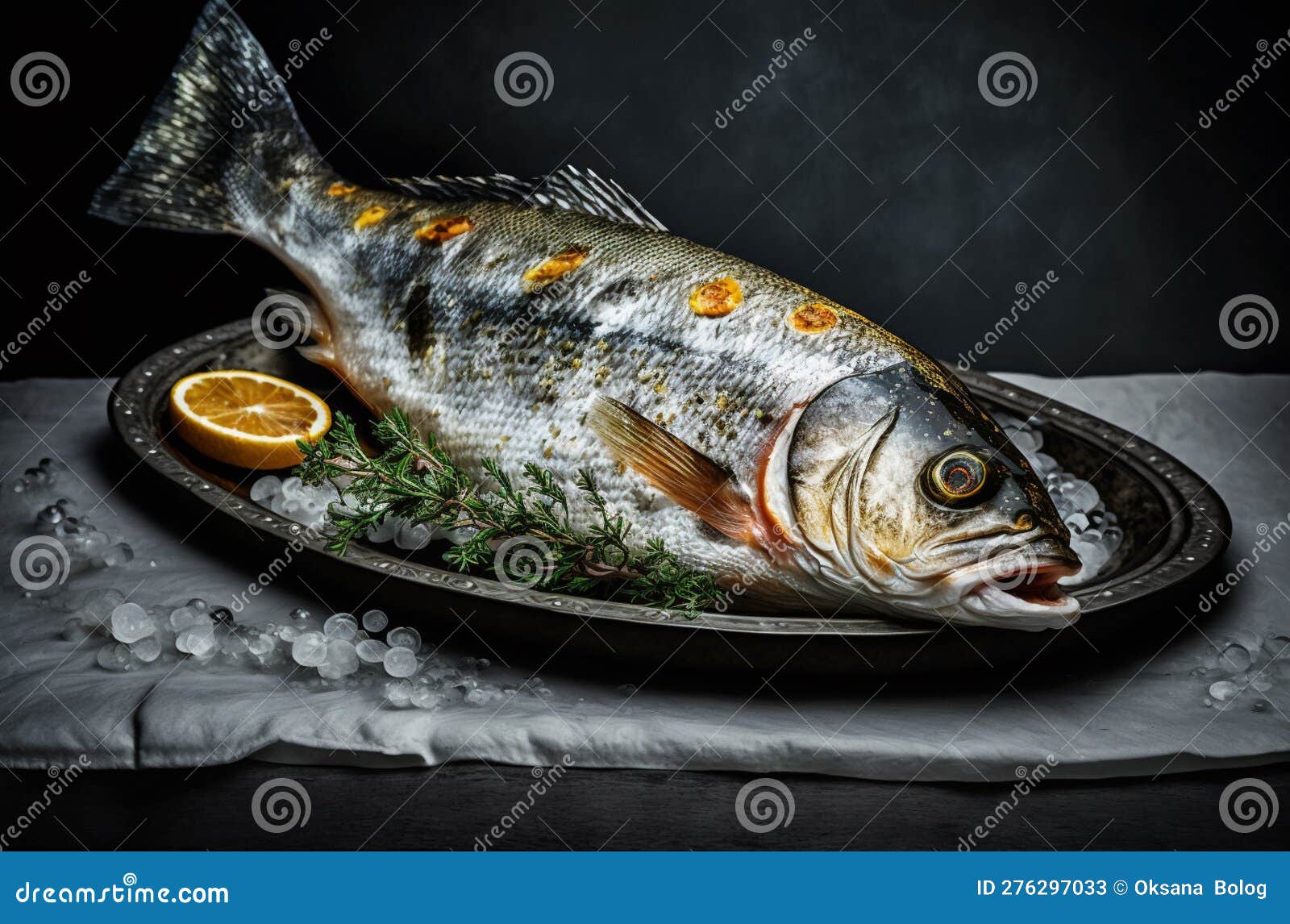 Baked fish on the table. stock illustration. Illustration of cooking ...