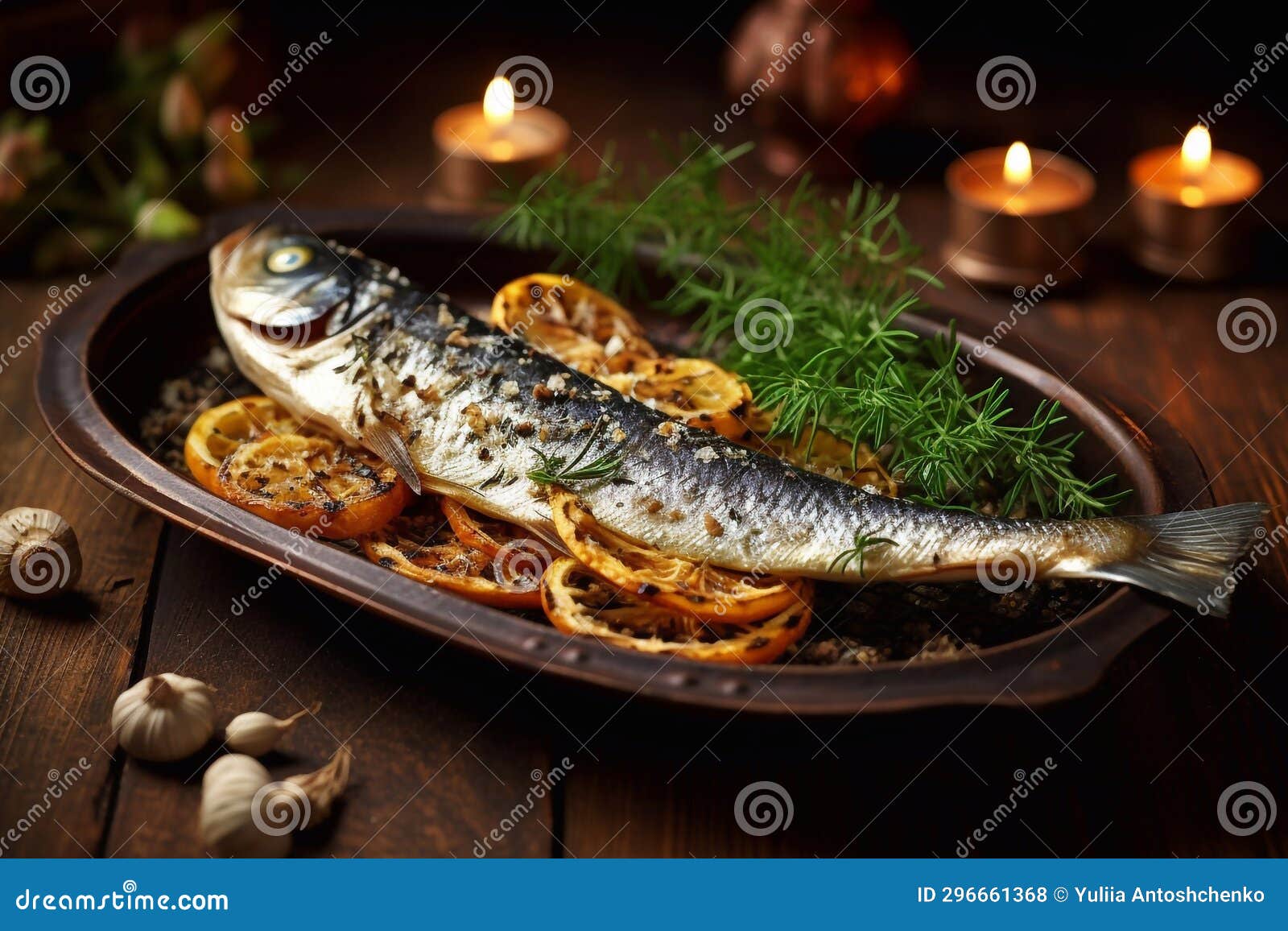 Baked fish on the table. stock illustration. Illustration of ...