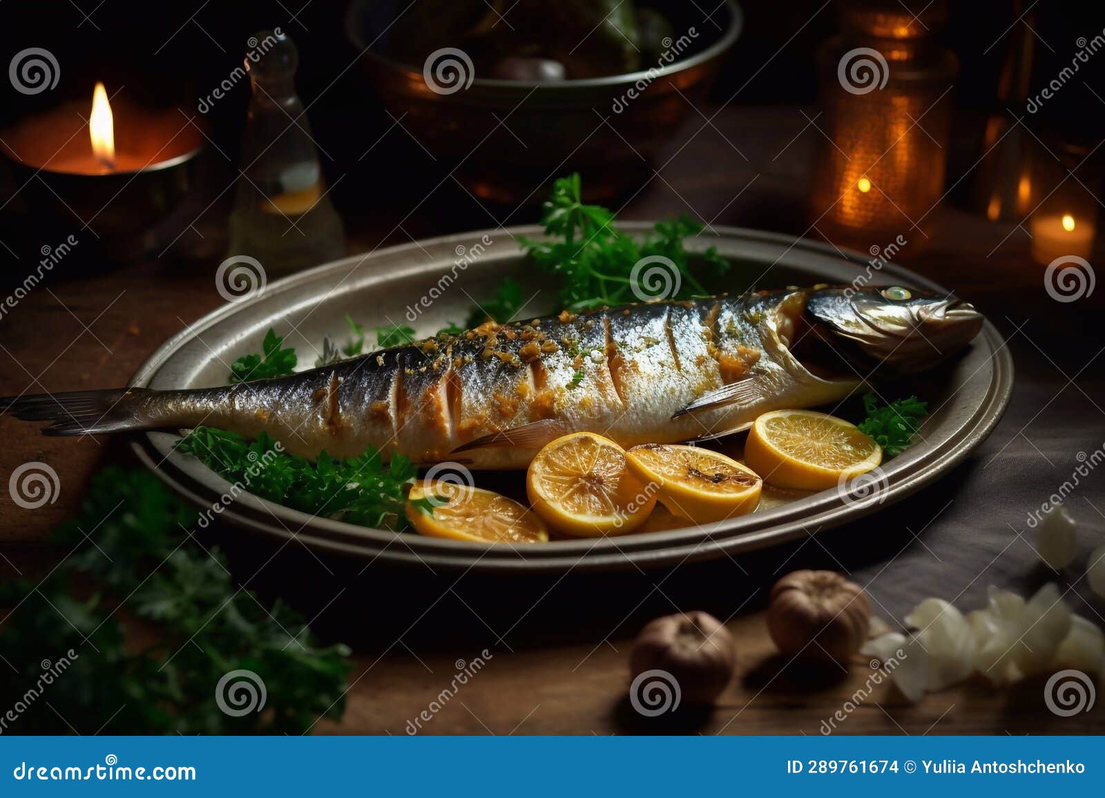 Baked fish on the table. stock photo. Image of fish - 289761674