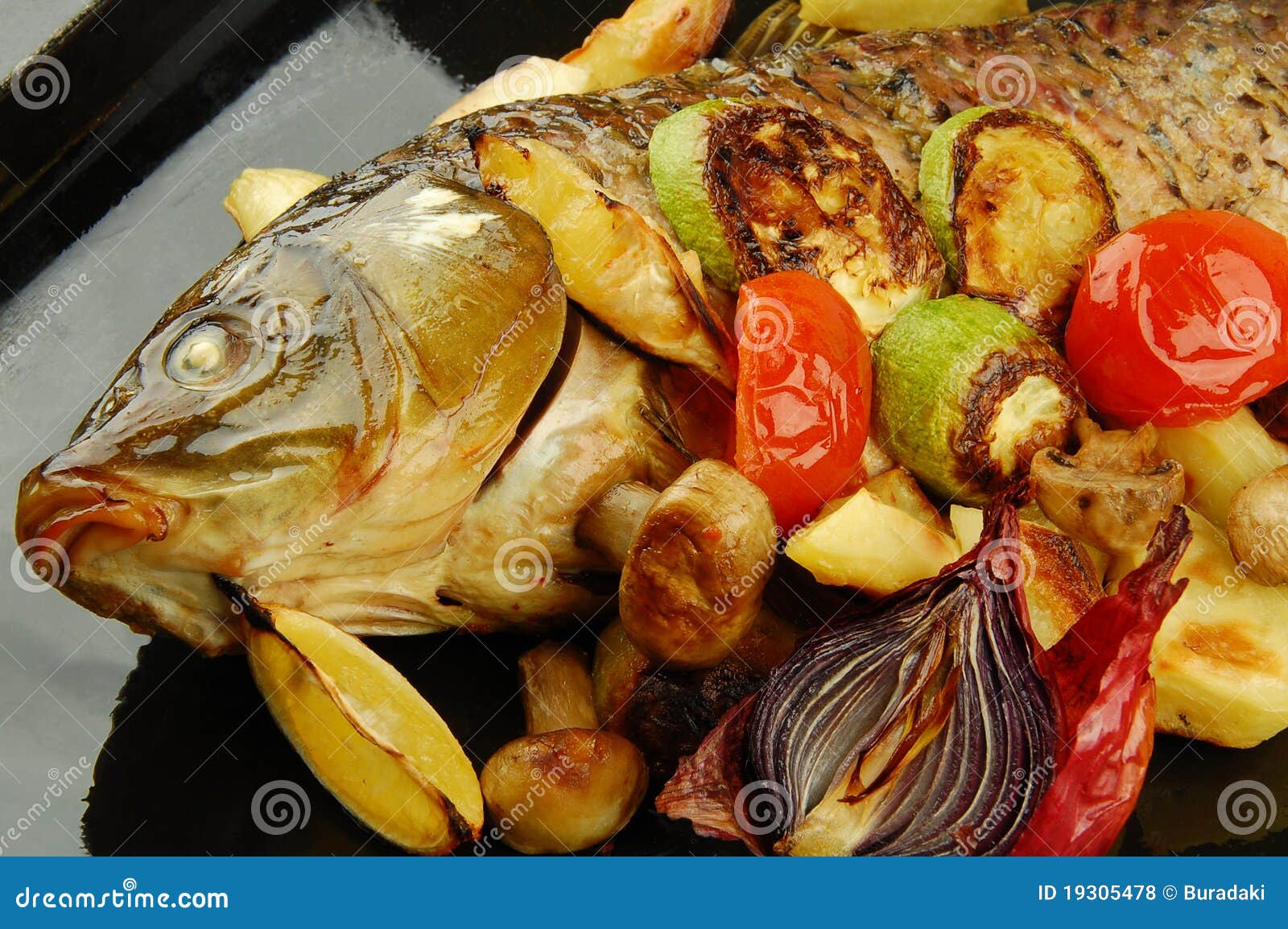 Baked fish with vegetables stock photo. Image of baked - 19305478