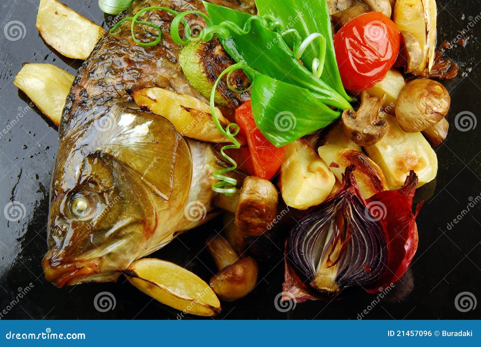 Baked fish with vegetables stock photo. Image of citrus - 21457096