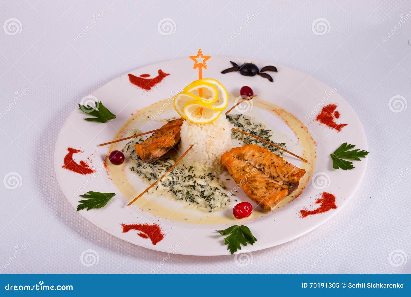 Baked Fish with White Rice and Sause Decorated Lemon Stock Image ...