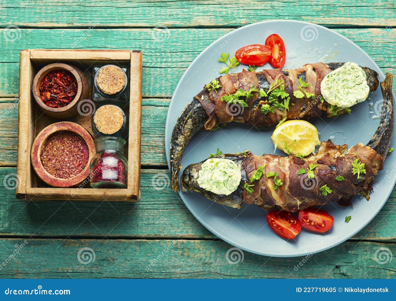 Baked Fish Wrapped in Bacon Stock Image - Image of food, fried: 227719605