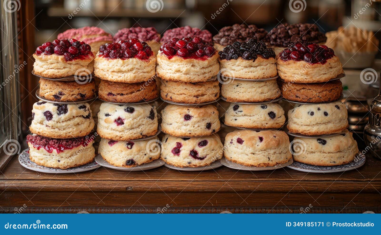 Baked Goods Display with Assorted Fruit-topped Scones at a Bakery in a ...