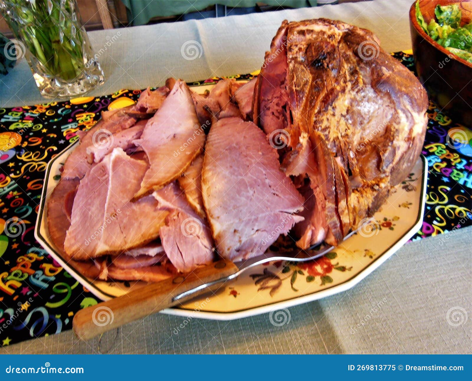 Baked Ham Sliced on a Plate with a Fork Stock Image - Image of food ...