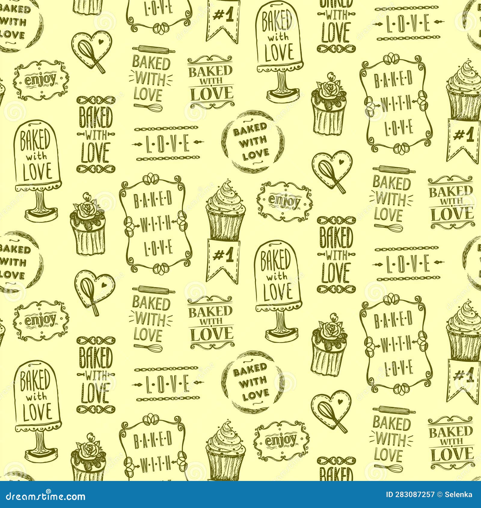 Baked with Love Pattern Backdrop with Symbols of Different Pastries and ...