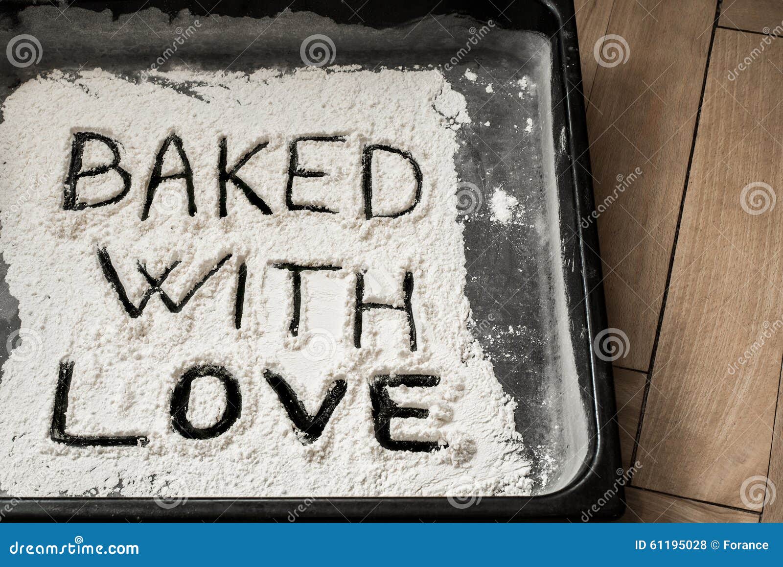Baked with Love Word Written on Baking Sheet Covered with White Flour ...