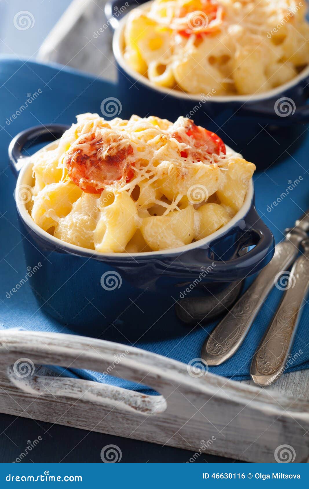 Baked Macaroni with Cheese in Blue Casserole Stock Photo - Image of ...