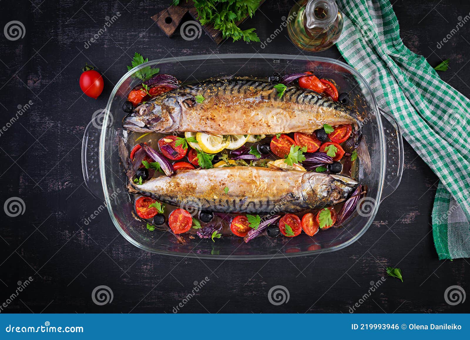 Baked Mackerel with Herbs and Lemon and Vegetables. Healthy Dinner ...