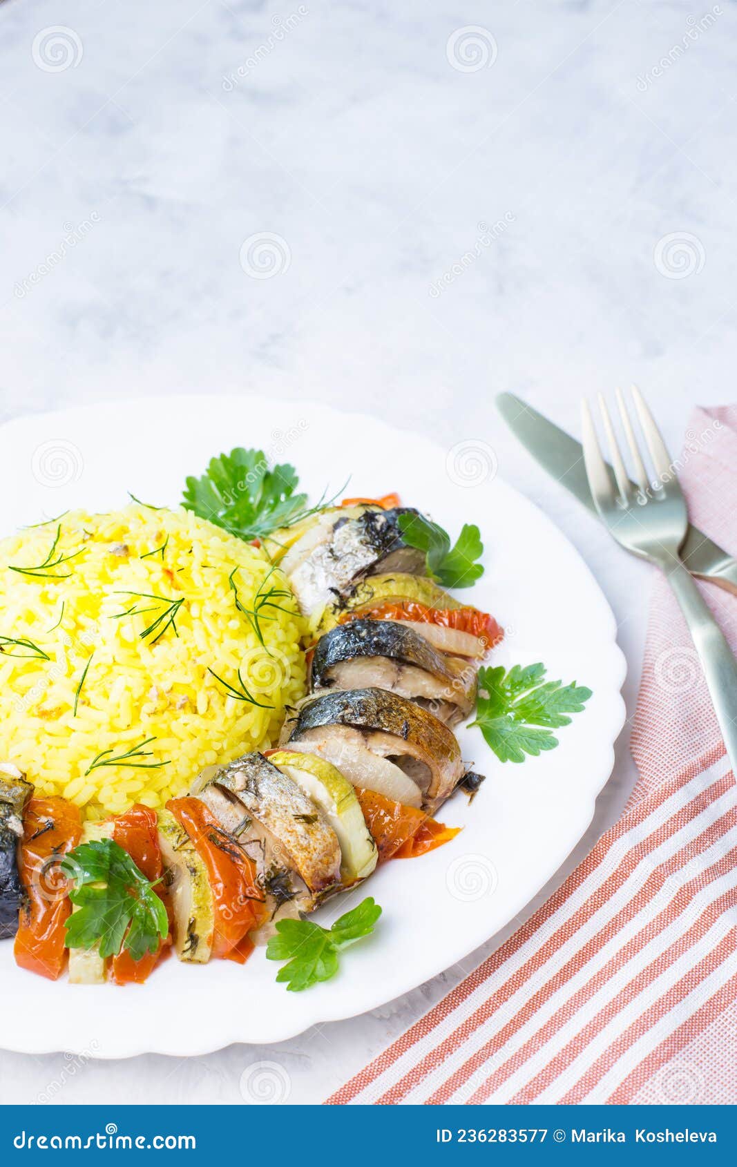 Baked Mackerel with Vegetables. Ready-made Seafood Dish Stock Image ...