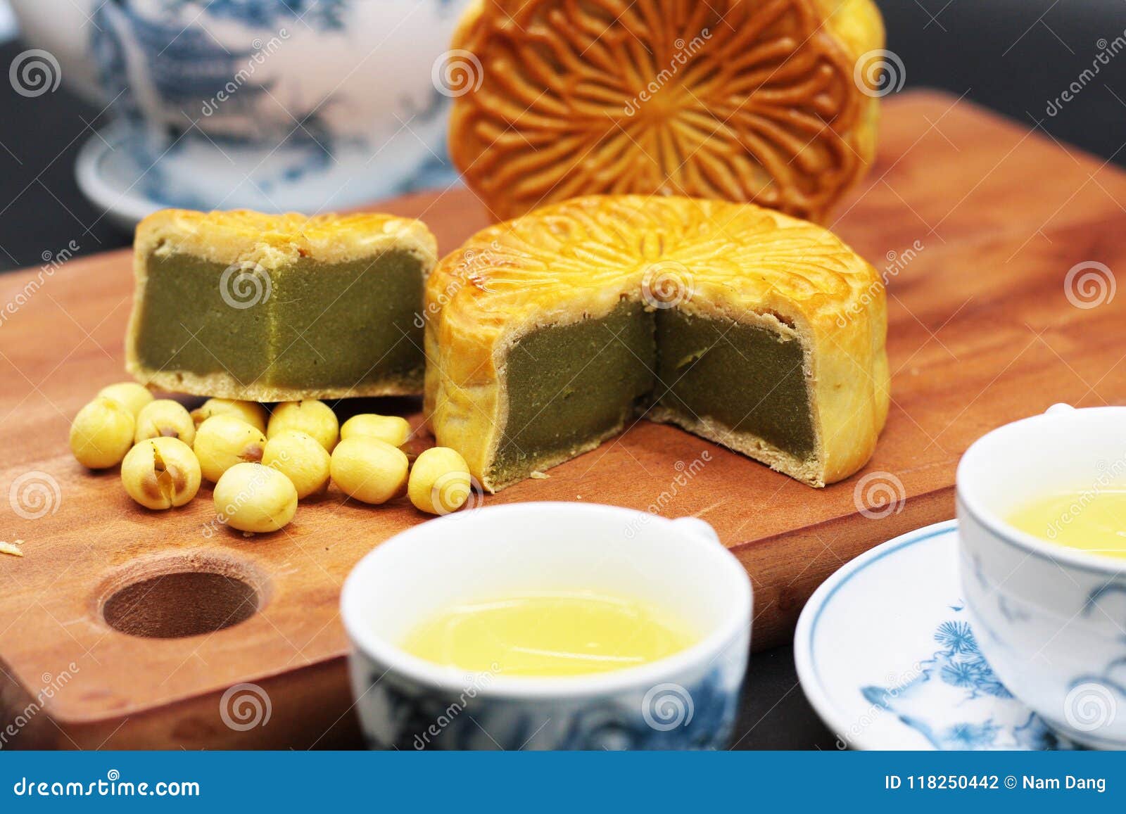 Baked Matcha Moon Cake and Green Tea Stock Photo - Image of autumn ...