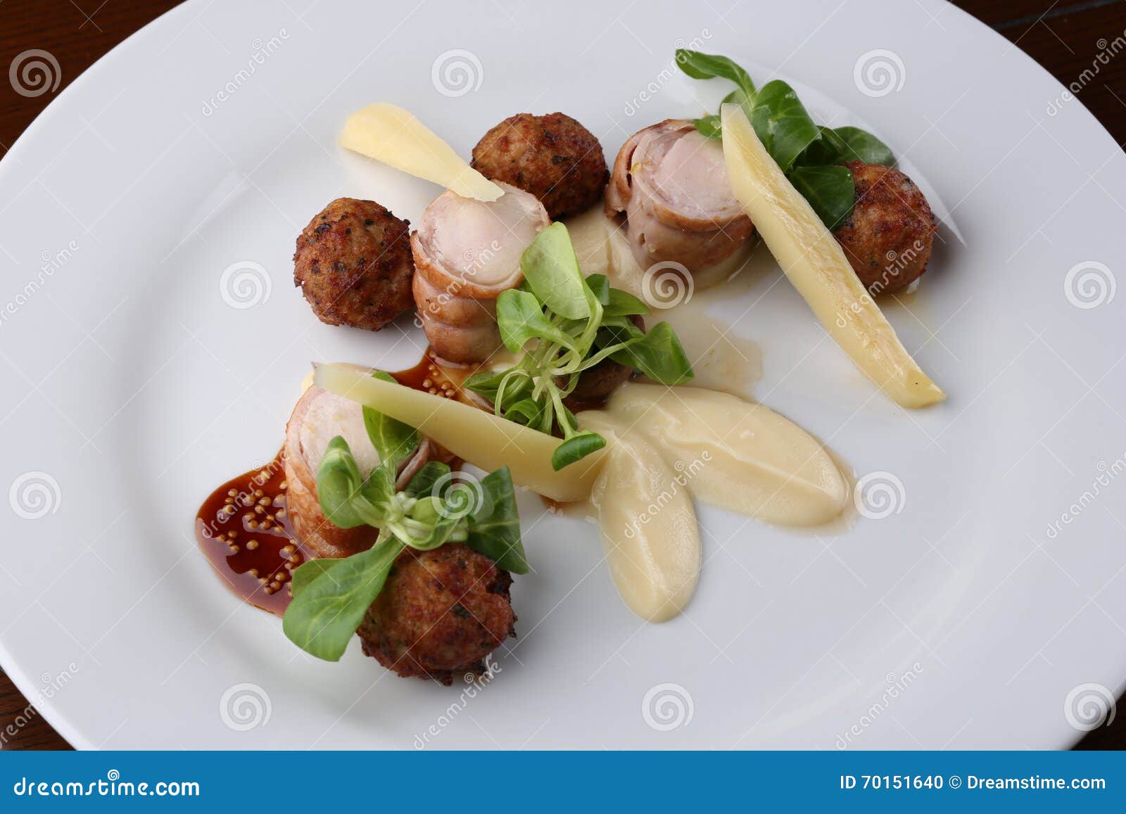 Baked Meat Rabbit Roll and Rissole with Chees, Souses on White Plate ...
