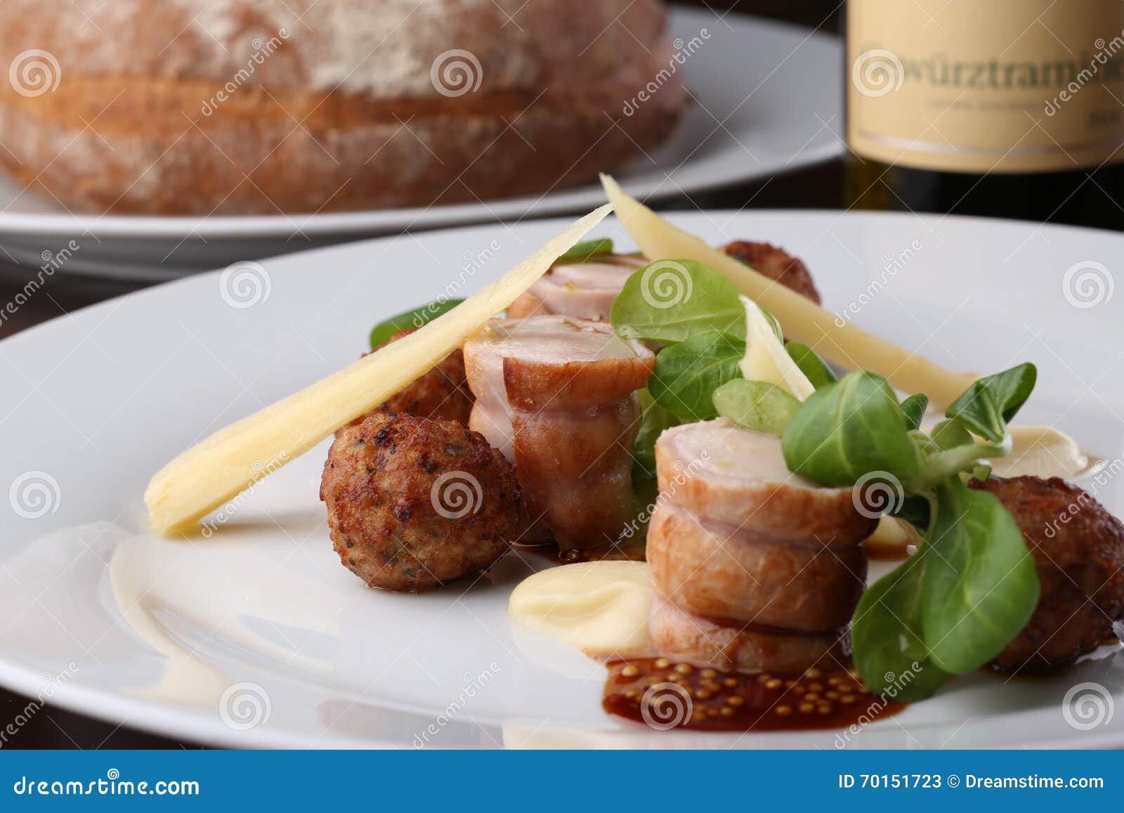 Baked Meat Rabbit Roll and Rissole with Chees, Souses on White Plate ...