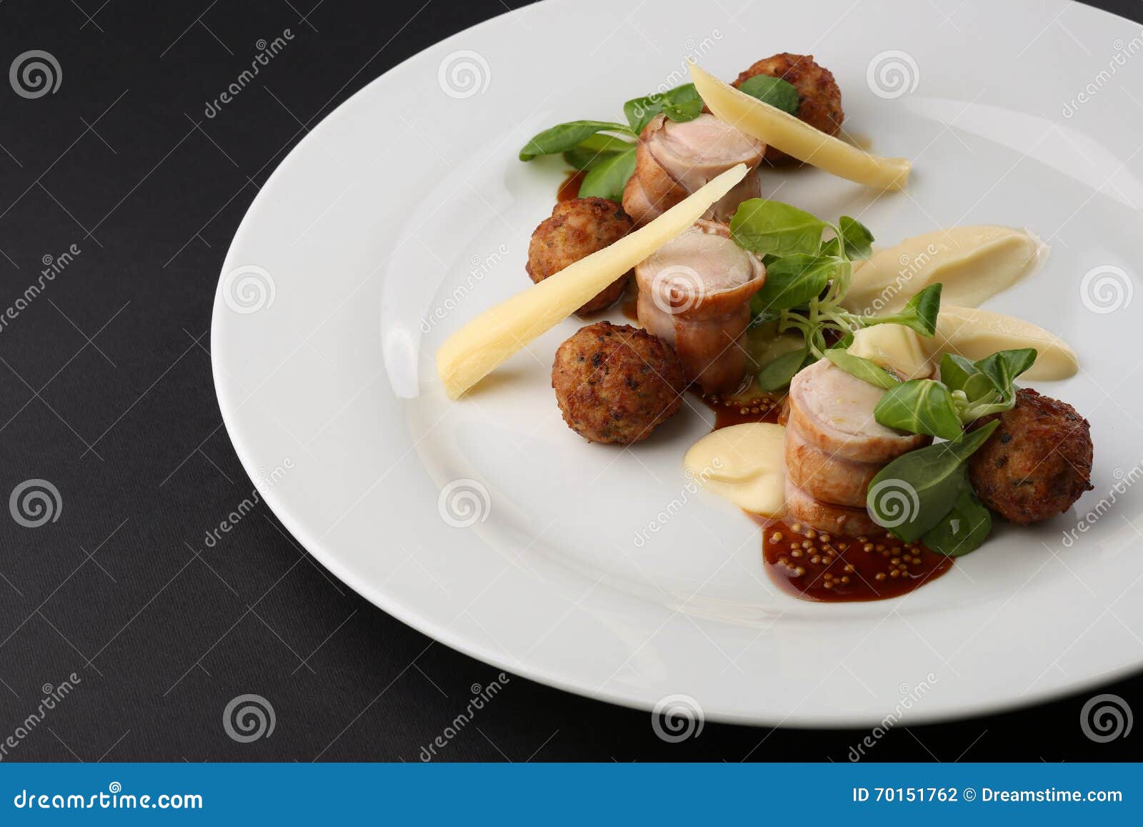 Baked Meat Rabbit Roll and Rissole with Chees, Souses on White Plate ...