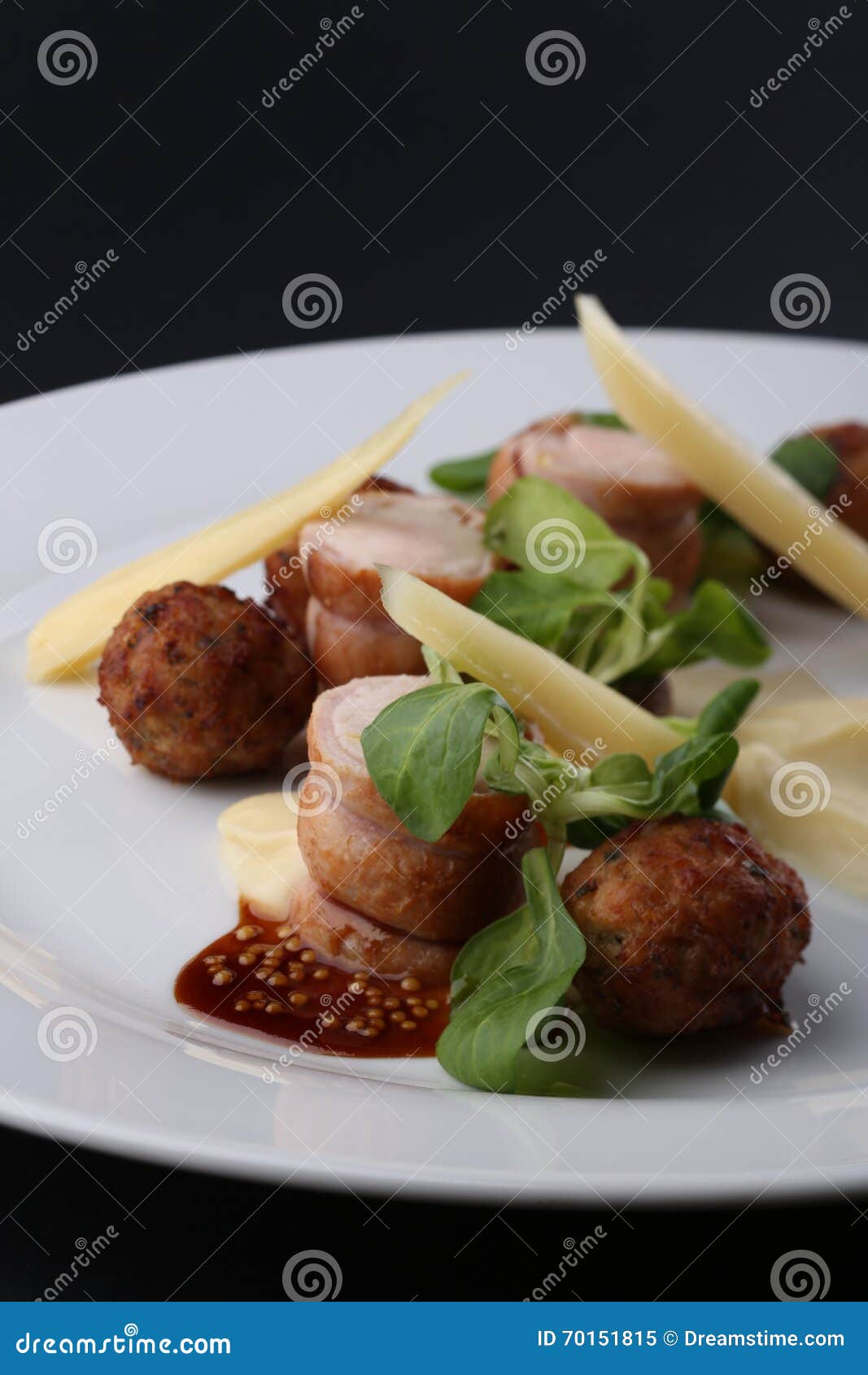 Baked Meat Rabbit Roll and Rissole with Chees, Souses on White Plate ...