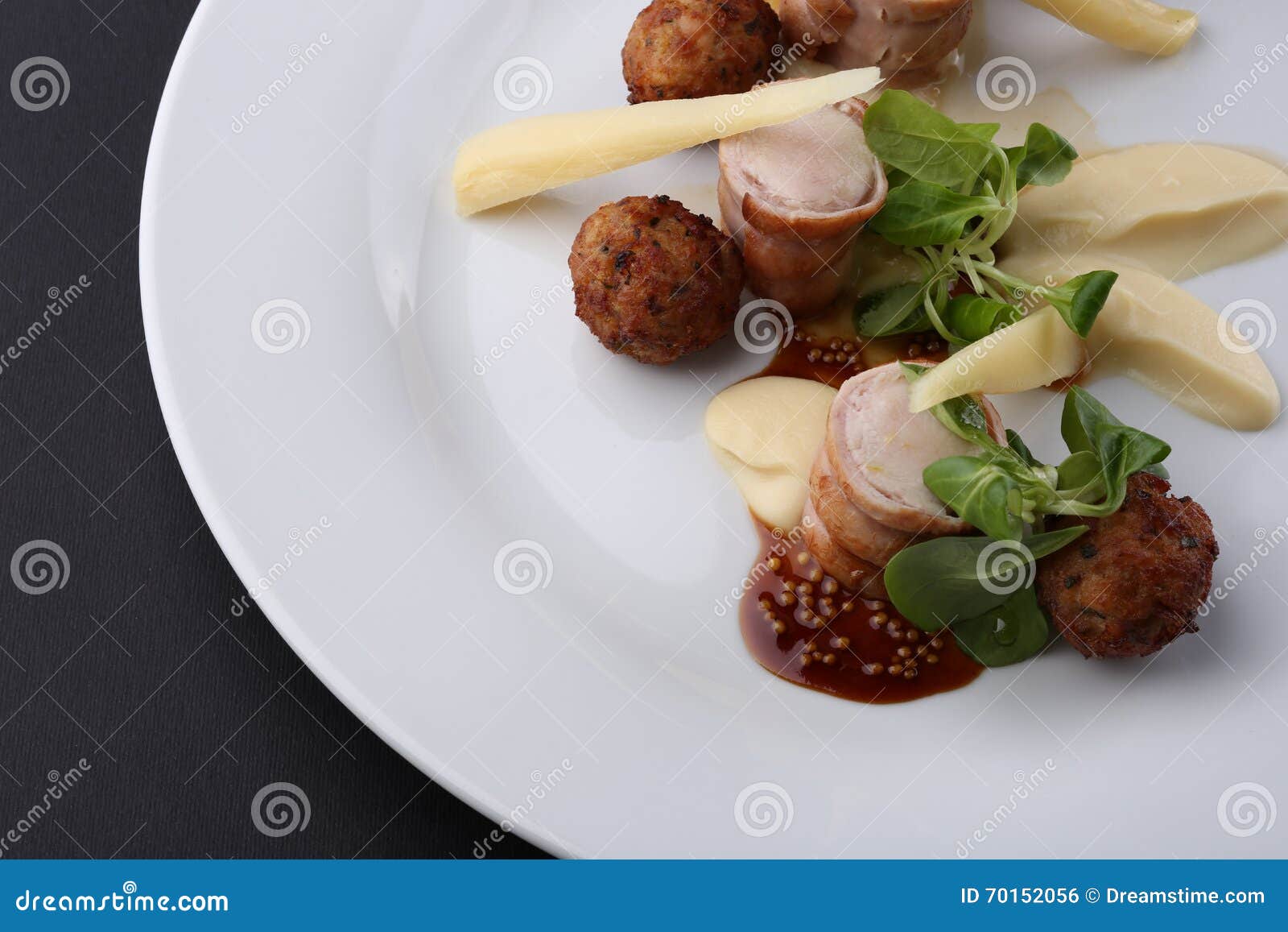 Baked Meat Rabbit Roll and Rissole with Chees, Souses on White Plate ...