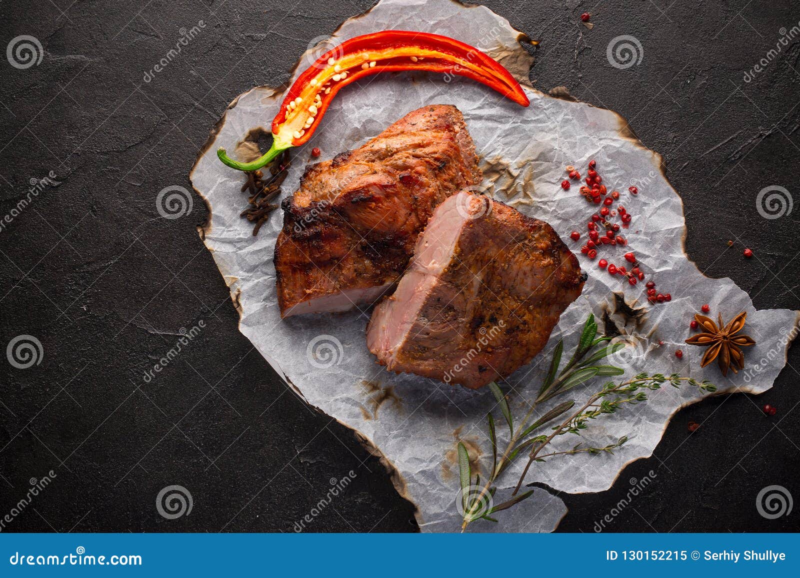 Baked Meat with Spices on Black Background Stock Image - Image of baked ...