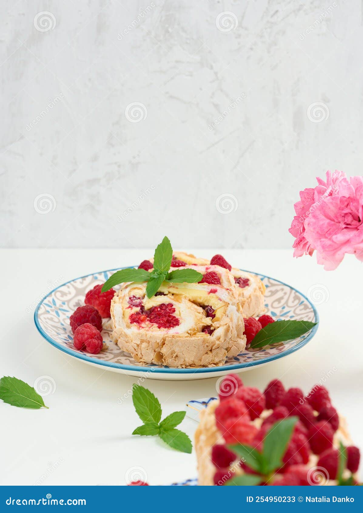 Baked Meringue Roll with Cream and Fresh Red Raspberry Stock Image ...