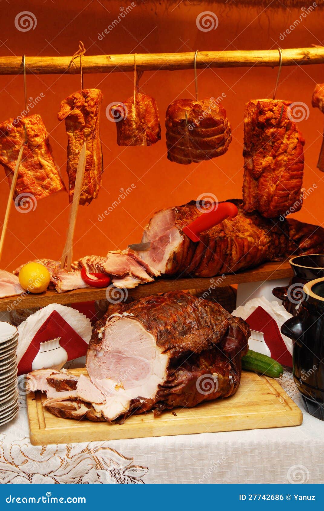 Baked Pig on a Wedding Table . Stock Photo - Image of freshnes, knife ...
