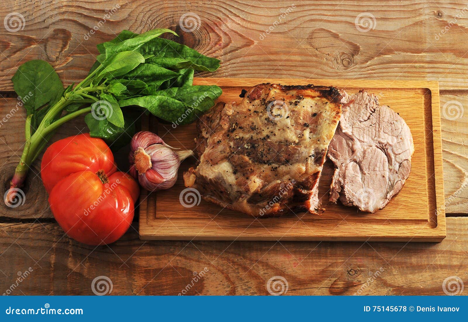 Baked Pork Ham with Spices on a Wooden Board Stock Photo - Image of ...