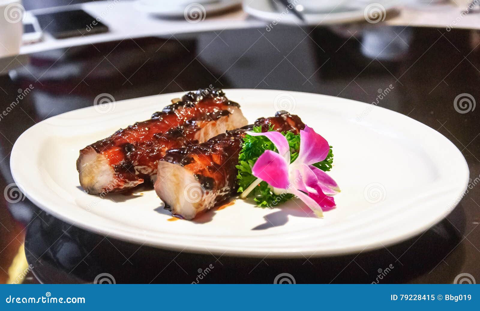 Baked Pork Ribs Adorned with Flowers. Stock Image - Image of dining ...