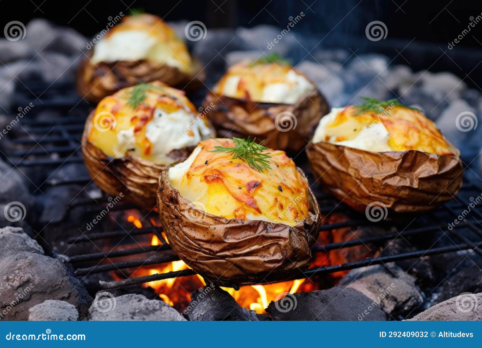 Baked Potatoes Sitting on a Rock Edge Around a Campfire Ring Stock ...