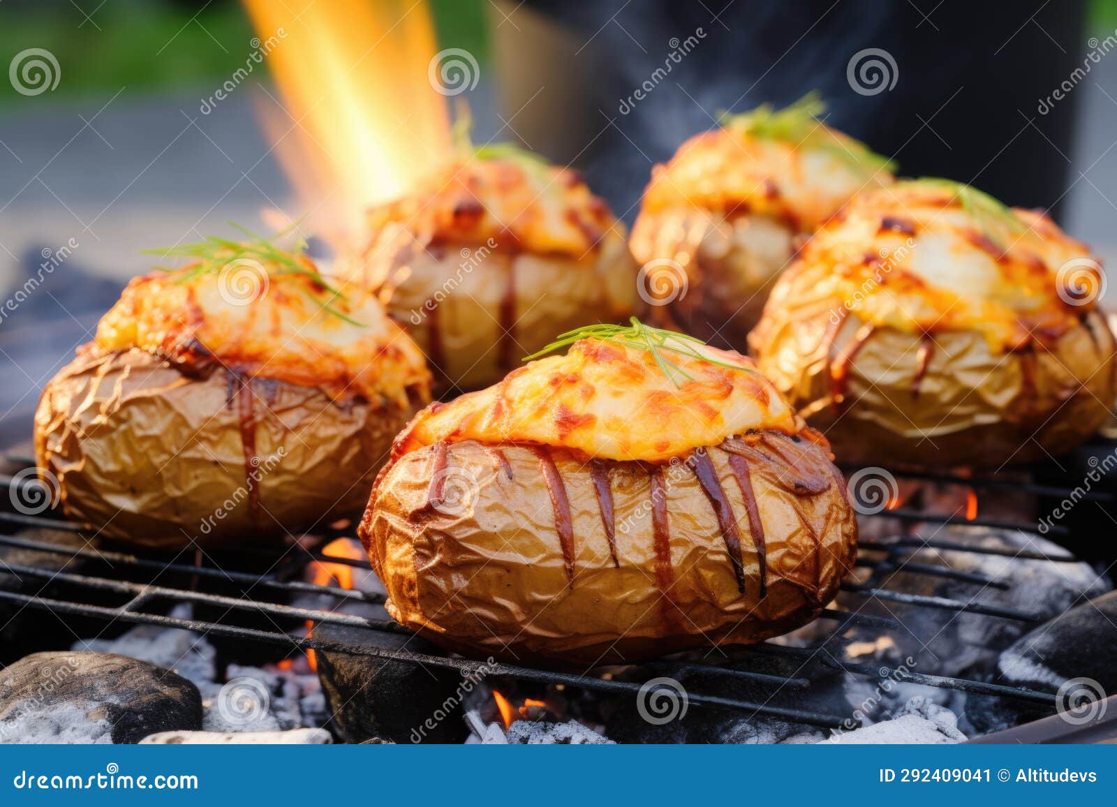 Baked Potatoes Sitting on a Rock Edge Around a Campfire Ring Stock ...