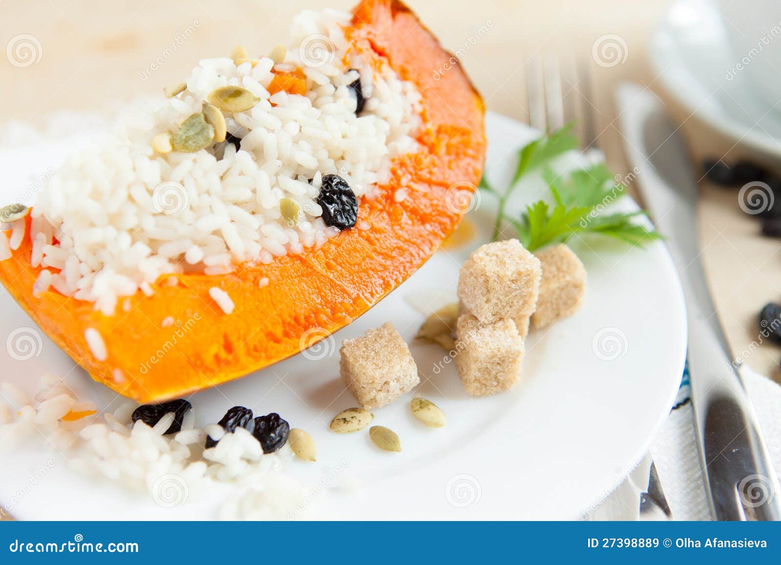 Baked Pumpkin with Rice and Raisins Stock Image - Image of pumpkin ...