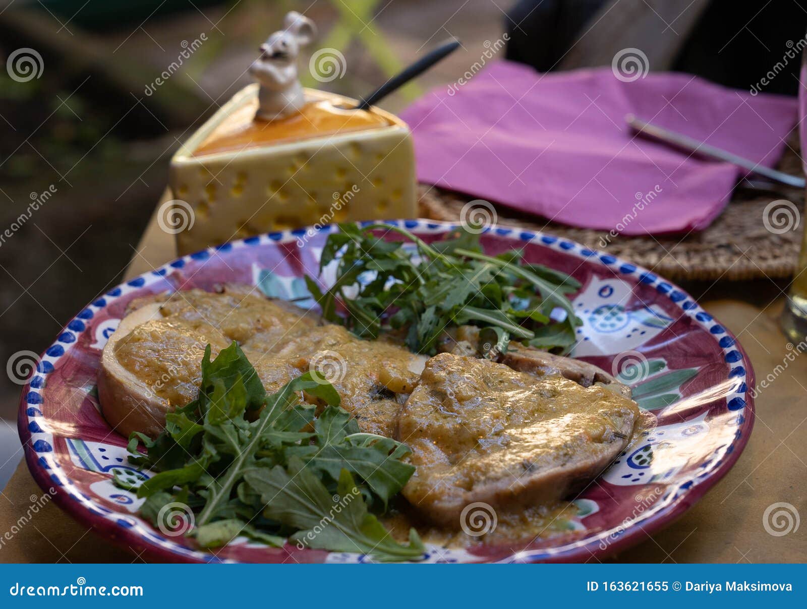 Baked Rabbit Roll with Arugula Dressing Stock Image - Image of meal ...