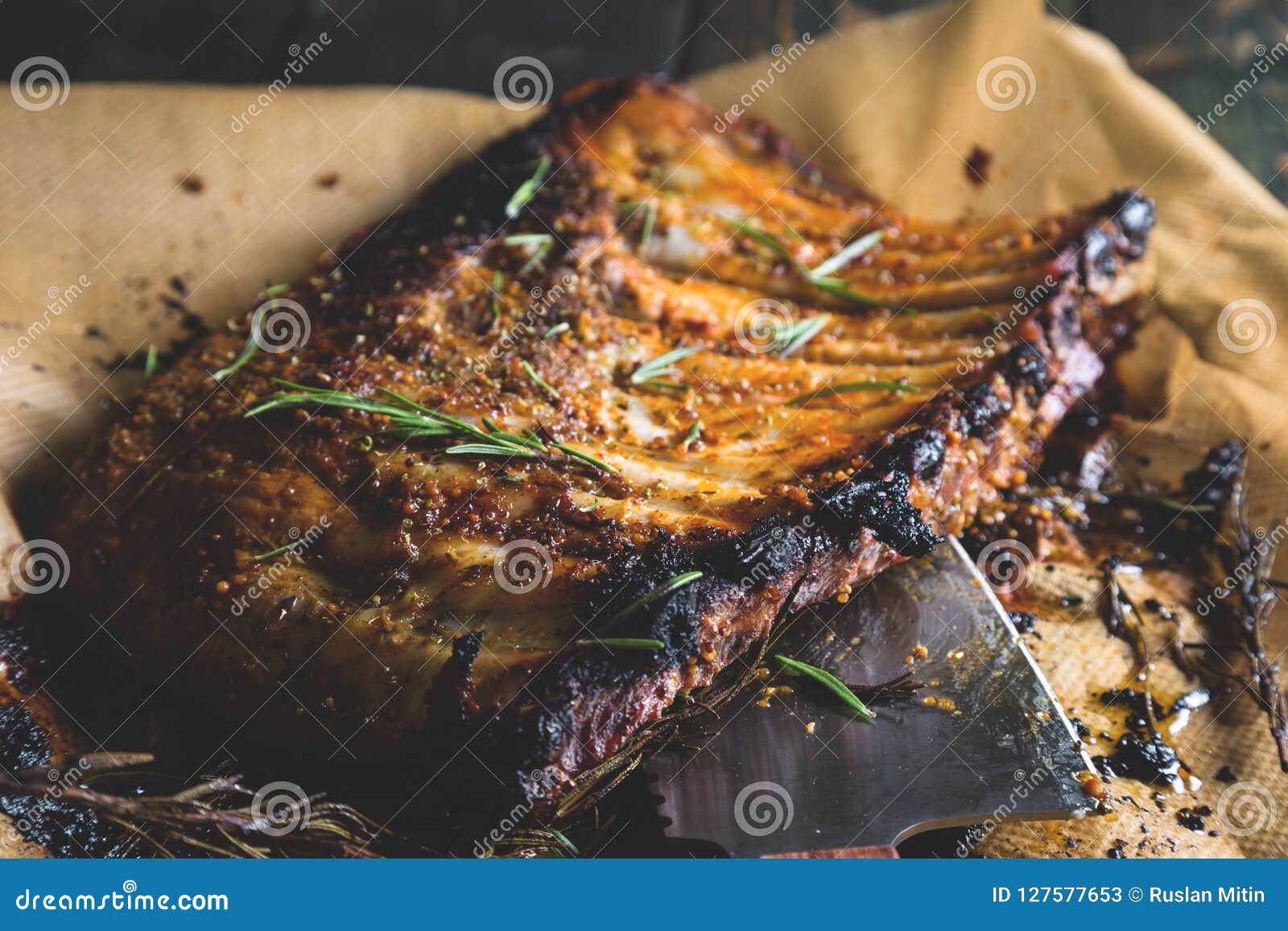 Baked Ribs on a Wooden Table and Hatchet Stock Image - Image of hatchet ...